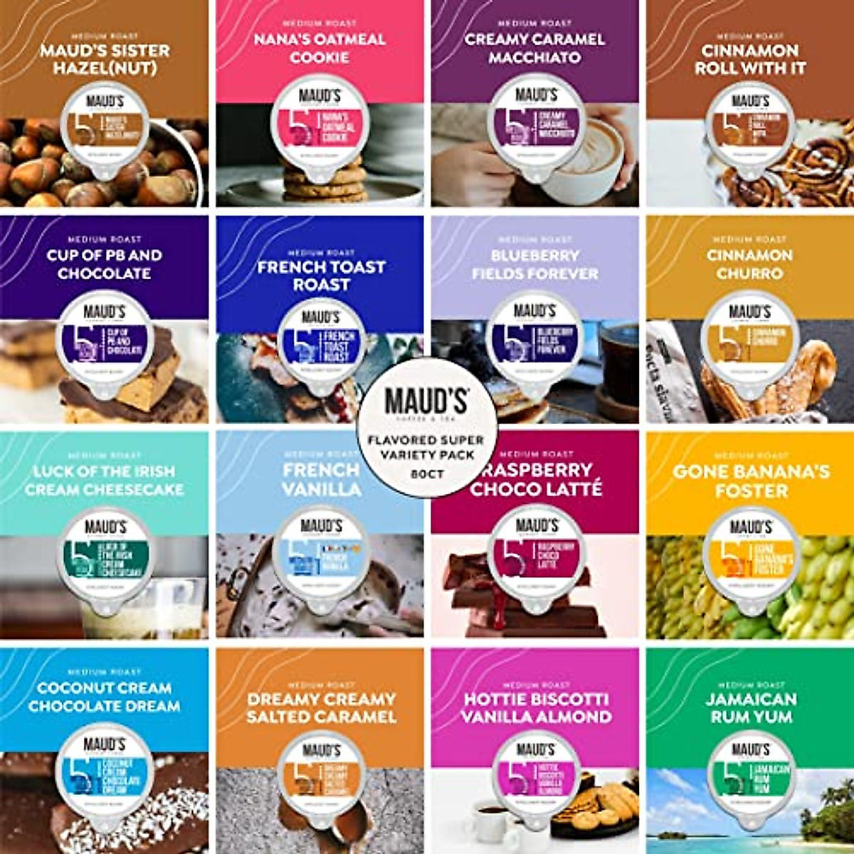 Maud's Super Flavored Coffee Variety Pack, 80ct. Solar Energy Produced Recyclable Single Serve Flavored Coffee Pods Jam-Packed with 16 Flavors - 100% Arabica Coffee California Roasted, KCup Compatible
