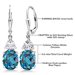Gem Stone King 925 Sterling Silver London Blue Topaz and White Zirconia Dangle Earrings For Women (5.60 Cttw, Gemstone November Birthstone, Oval 10X8MM, Trillion 5MM)