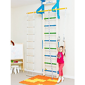 Kids Wood Playground Play Set for Floor & Ceiling / Wooden Indoor Training Gym Sport Set with Accessories Equipment: Climber, Gymnastic Swing Rings, Climbing Rope, Rope Ladder / Wallbarz Woodsy