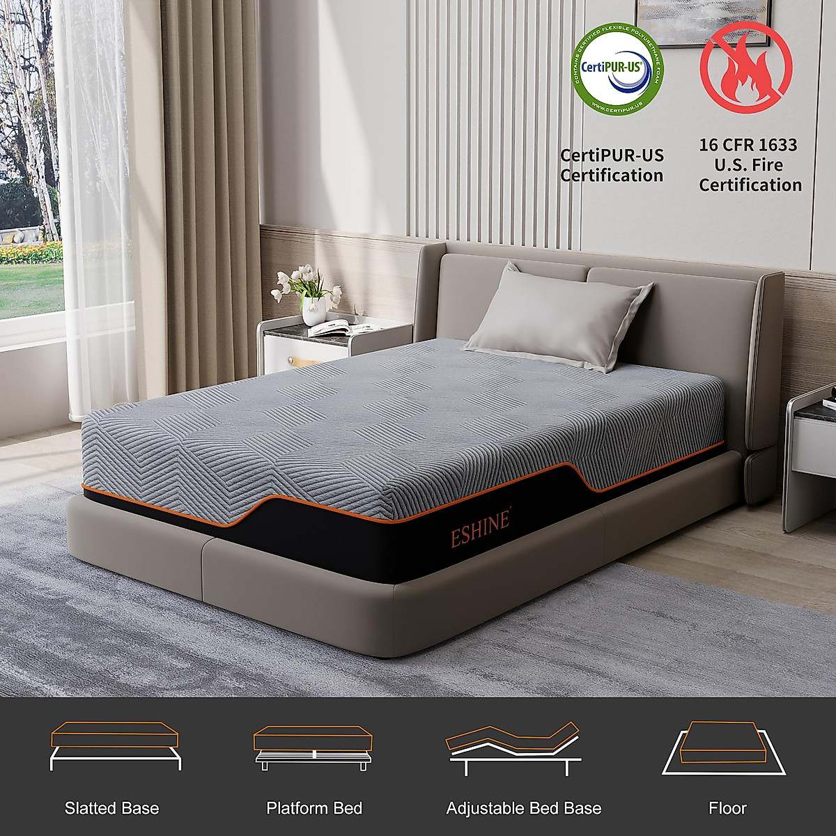 ESHINE 14 inch Full Memory Foam Mattress - Full Size Mattress with Cooling Gel Memory Foam for Pressure Relief, Green Tea Mattress in a Box for Comfort Sleep, CertiPUR-US Certified, Dark Grey