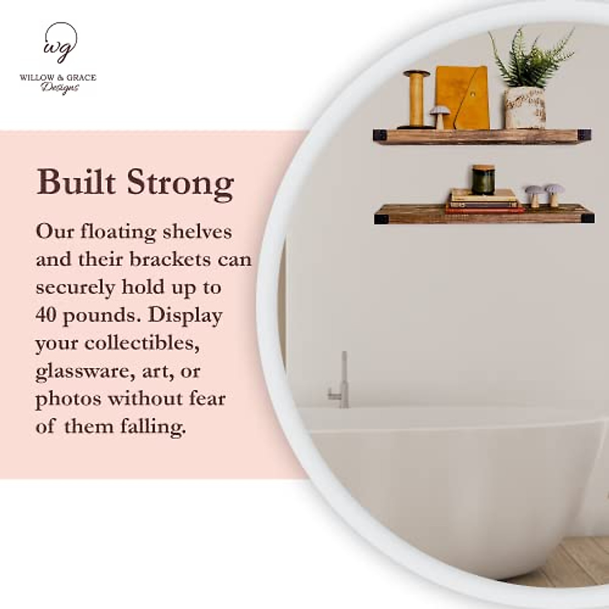 Willow & Grace Wall Mounted Wooden Floating Shelves, Wall Shelves for Bedroom, Bathroom, Living & Laundry Room, Kitchen, Storage & Decor - Rustic Farmhouse Small Wood Shelf - Walnut (24" Set of 2)