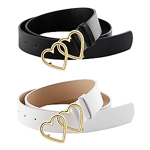 Ayliss Women Leather Waist Belt Fashion Casual Jeans Belt with Double Heart Shape Buckle Dress Pants (Black and White)