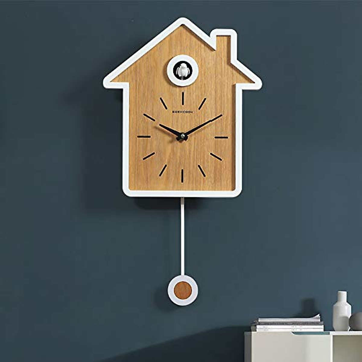 SHISEDECO Modern Cucu Wall Clock Striking Small Cute Bird, Natural Bird Voices or Cuckoo Call, Simple Fashion Wood Creative Pendulum Clocks, Unique Home Decoration for Living Room, Kitchen. (White)