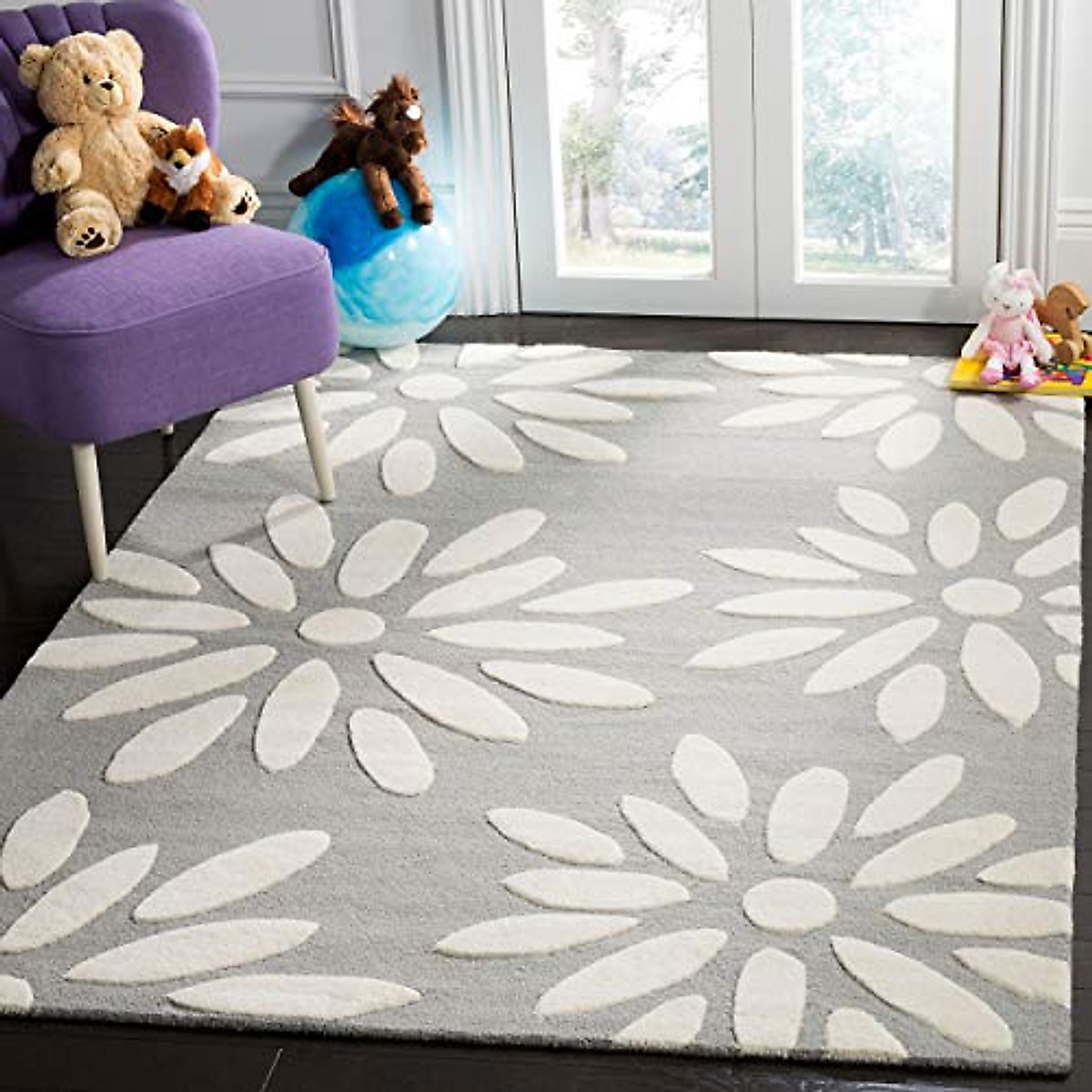 SAFAVIEH Kids Collection Area Rug - 8' x 10', Grey & Ivory, Handmade Daisy Wool, Ideal for High Traffic Areas in Living Room, Bedroom (SFK914C)