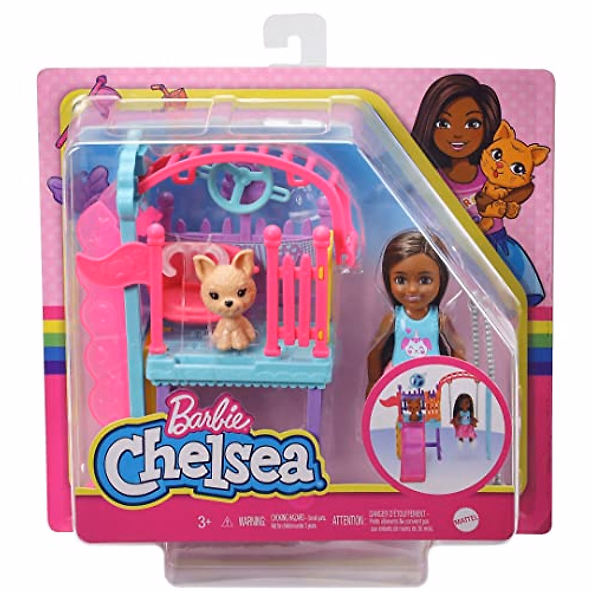 Barbie Chelsea Swing Set Playset with Chelsea Doll (6 in Brunette) Wearing Star-Print Skirt, Pet Puppy, Swing & Slide, Gift for 3 to 7 Year Olds
