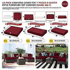 ClawsCover 12 Pack Outdoor Cushions and Pillows Replacement Covers Fit for 7 Pieces 6-Seater Wicker Rattan Patio Conversation Set Sectional Couch Chairs Furniture,Burgundy-Cover Only