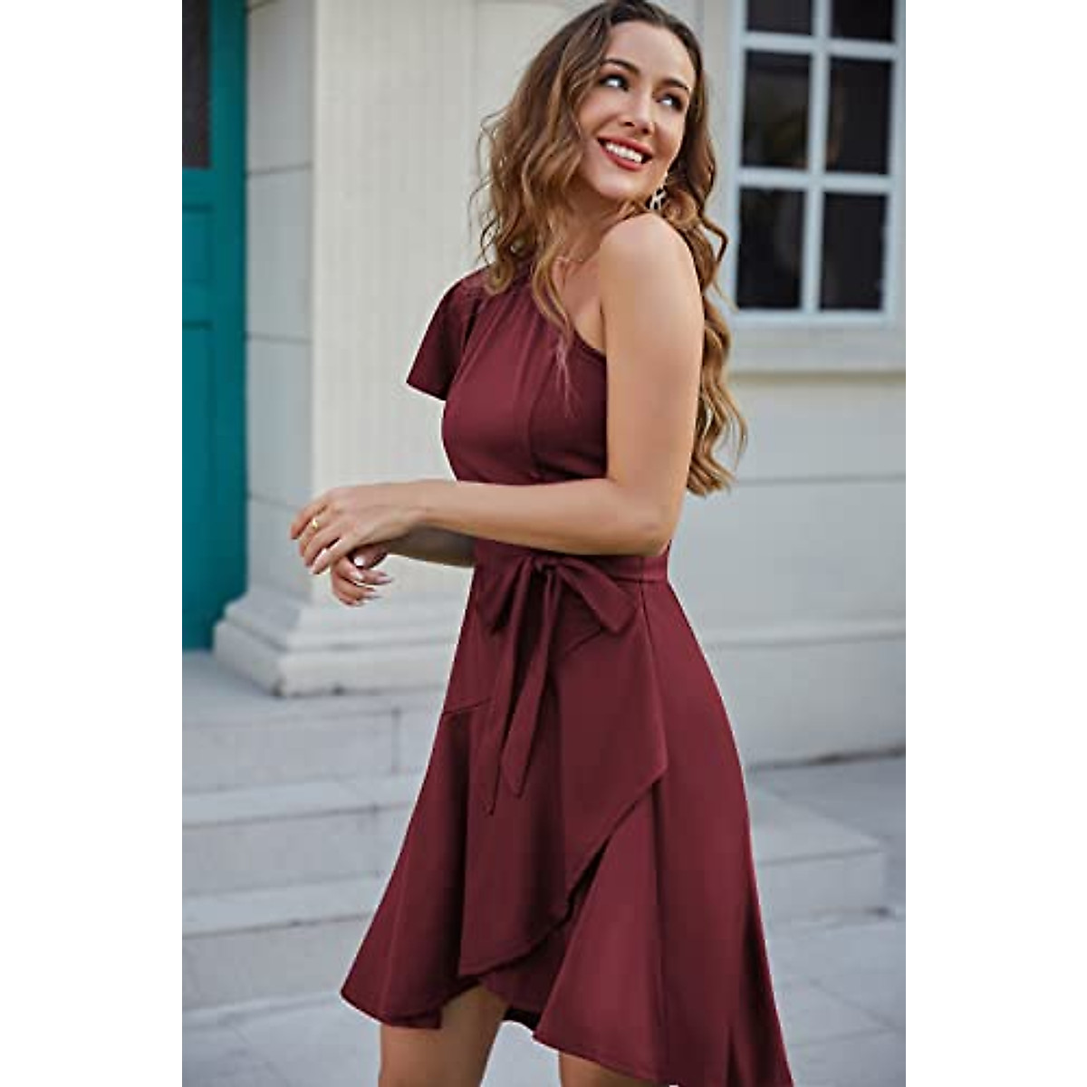 GRACE KARIN Wedding Dresses for Guest One Shoulder Flared Short Sleeve Ruffle Hem Cocktail Prom Party Dress Wine Red M