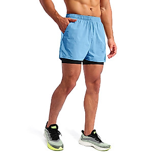 Pudolla Men’s 2 in 1 Running Shorts 5" Quick Dry Gym Athletic Workout Shorts for Men with Phone Pockets(Light Blue Medium)