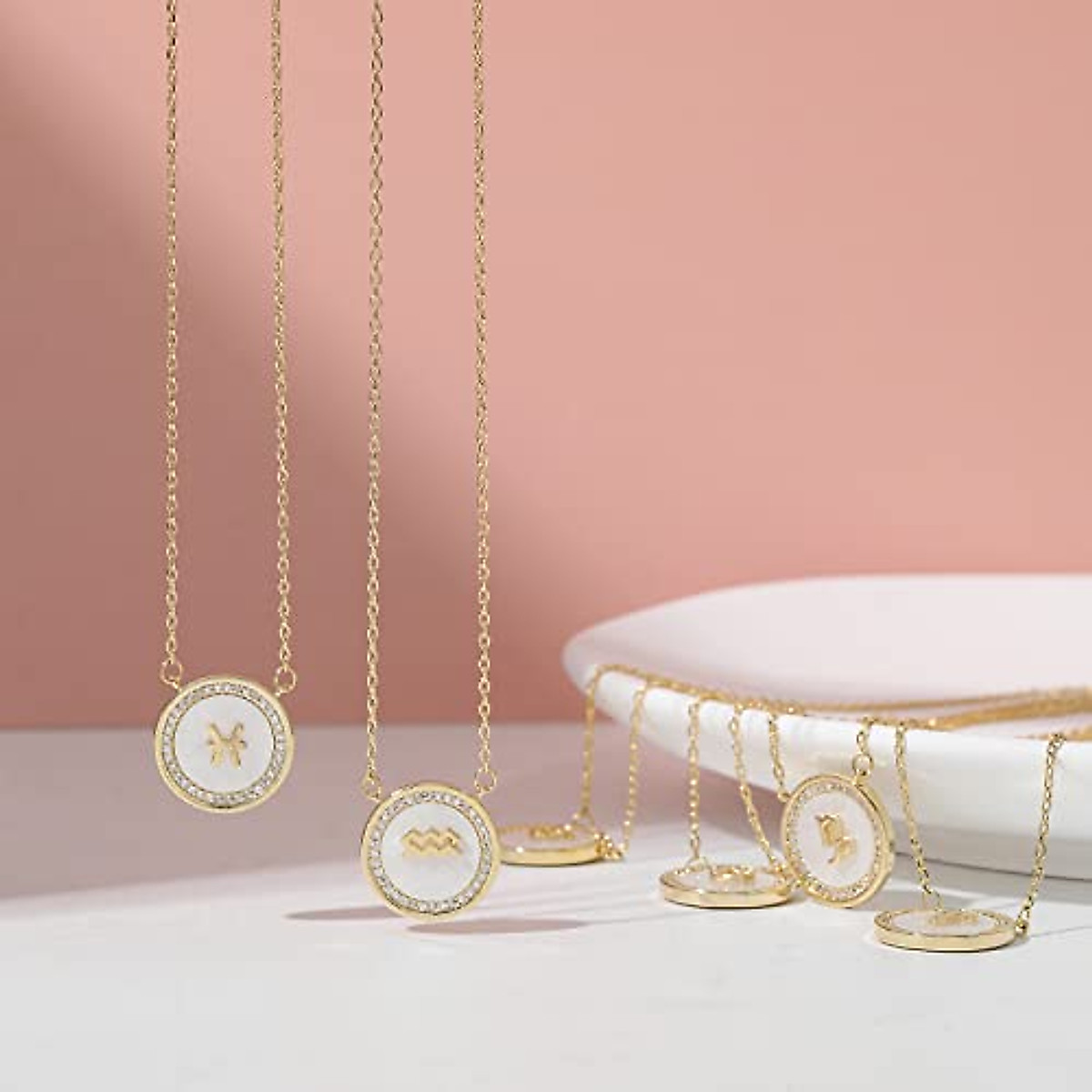 Gold Zodiac Sign Pendant Necklace, 14K Gold Plated Faux Fritillaria Cubic Zirconia 12 Constellation Necklace Jewelry Birthday Gifts for Women, (Taurus Apr 20-May 20)