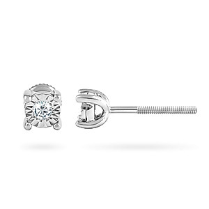 14k White Gold Diamond Miracle Plate Stud Earrings for Women (0.05 cttw, Color- IJ, Clarity I2/I3) 4-Prong Basket Set, Screw-Back Clasps Diamond Stud Earrings