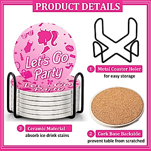 Drink Coasters with Holder, Absorbent Coaster Sets of 6, Let's Go Party Pink Girl Ceramic Coasters for Tabletop Protection,Suitable for All Kinds of Cups, Wooden Table, Cool Home Decor, 4 Inches