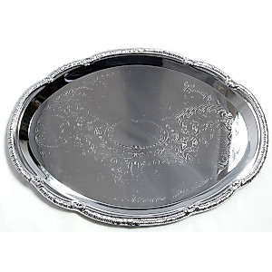 Maro Megastore (Pack of 4) 14.7" x 10.6" Oval Shape Chrome Plated Serving Tray Plate Food Art Deco Floral Pattern Engraved Multi-Purpose Holiday Party Buffet Wedding Birthday (Large) T125L-4PK