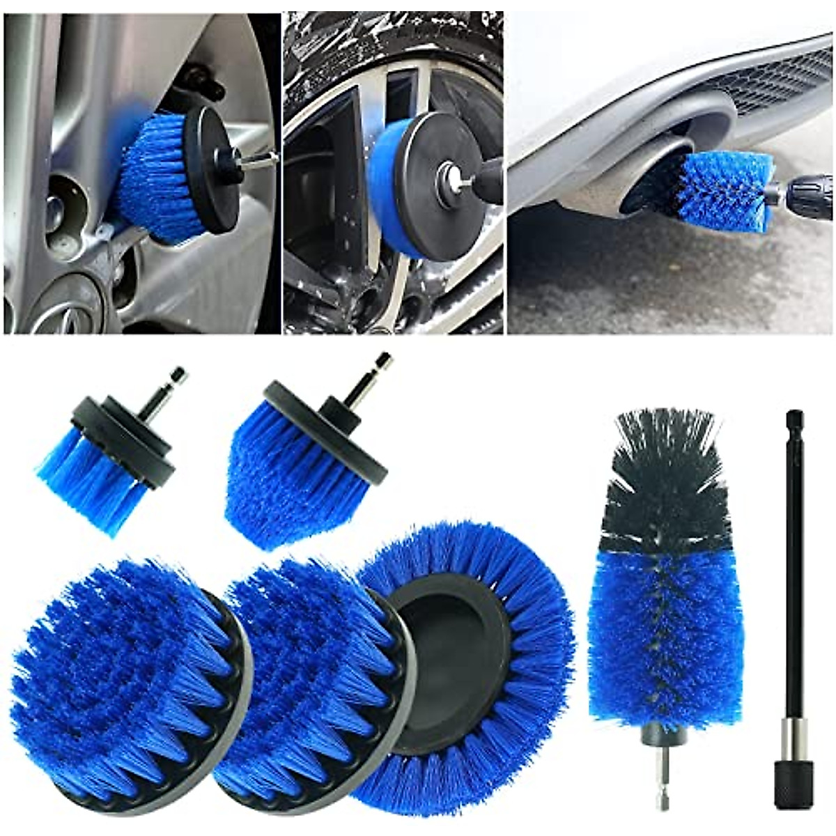 CLEAFOU 7 Pcs Drill Brush Attachment Set with Extend Attachment All Purpose Power Scrubber Brush Cleaning Kit for Bathroom Surfaces, Grout, Floor, Tub, Shower, Tile, Kitchen and Car, Blue