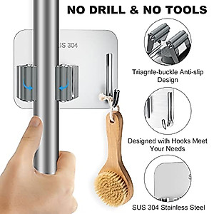 Drek Crek Mop Broom Holder Wall Mounted Heavy Duty No Drill, Adhesive Mop Broom Organizer, 304 Stainless Steel Mop Hanger Wall Mount Stick on w Hooks for Bathroom,Kitchen,Closet,Garage,Garden, 4PCS