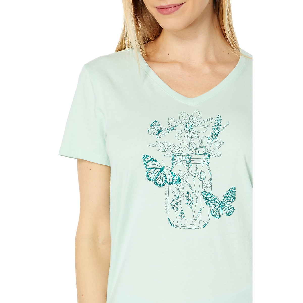 Life is Good Women's Wildflower and Butterflies Jar Short Sleeve Crusher-LITE Vee (X-Large, Sage Green)