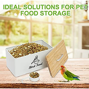 Brabtod Bird Seed Storage Container-Rectangular Pet Food Tin-with Bird Seed Scoop,Metal Airtight Bird Food Feeder with Wooden Lid, Ideal Store Sunflower Seed Wild Birdseed-White