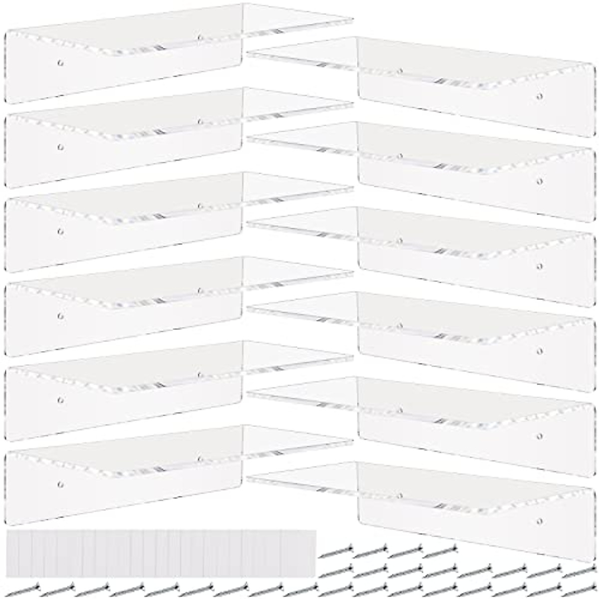 12 Pack Acrylic Floating Shelves 12 Inch Clear Acrylic Shelf Wall Display 4 mm Thick Invisible Book Shelves for Bedroom, Living Room, Bathroom, Office