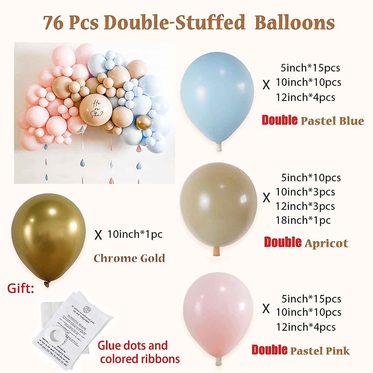 Pink and Blue Balloon Garland Arch Kit 76 Pcs Gender Reveal Decorations Double Stuffed Balloon Garland Peach Balloons For Boho brown balloon Baby Shower Graduation Birthday Decorations