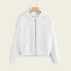 ESKNAS Women Hoodies Autumn Solid Long Sleeve Short Hooded Sweatshirt Zipper Pocket Hoody Jacket(C White,S)