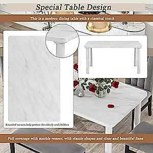 OMMGG 6-Piece Rectangular Set with Marble Veneer and 4 Flannelette Upholstered Dining Chairs & Bench, for Living Furniture, Guest Room, Home Bar and Kitchen, Dinning Table for 6, Gray