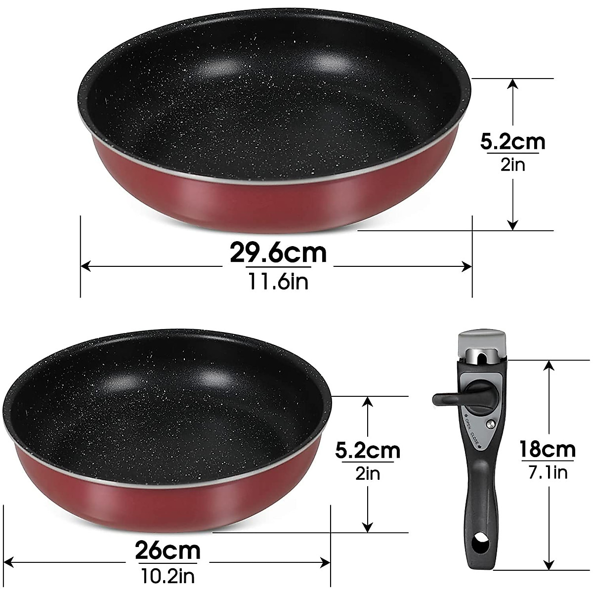 Almcmy Nonstick Frying Pan Set 2 Piece, 10 Inch & 11.6 Inch Nonstick Skillet with Detachable Handle, Induction Pots and Pans, Removable Handle Cookware, Oven Safe, Dishwasher Safe, Red