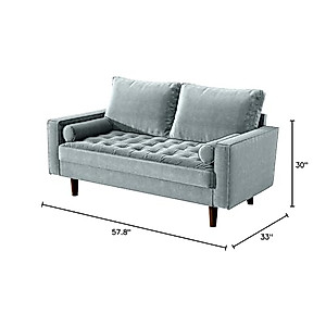Container Furniture Direct Womble 58 Inch Velvet Loveseat Sofa with Elegant Button Tufted Upholstery, Square Arms, Splayed Wood Legs, Includes Matching Bolster Pillows, Steel Blue