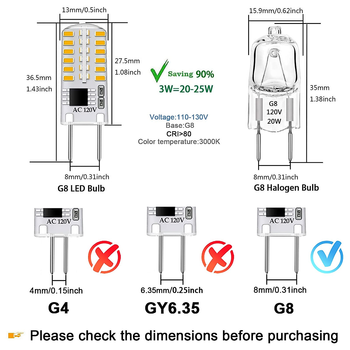 TAIYALOO G8 LED Bulb Dimmable 3W Equivalent to G8 Halogen Bulb 20W-25W, T4 JCD Type Bi-Pin G8 Base, AC 120V G8 Bulb Warm White 3000K for Under Cabinet Light, Under Counter Kitchen Lighting (10 Pack)
