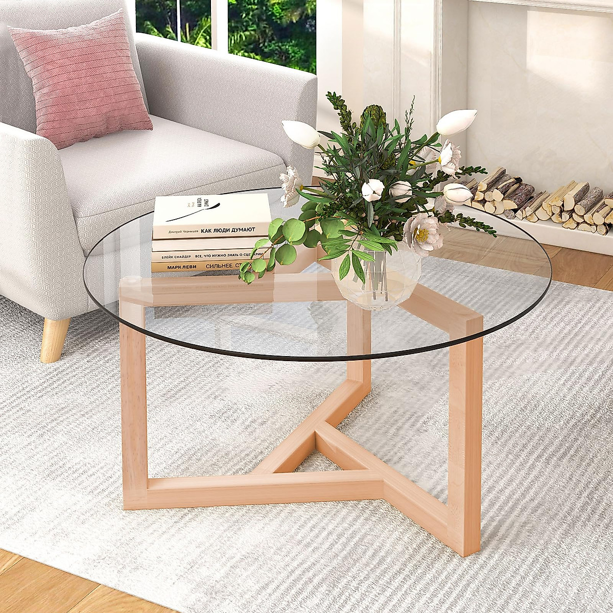 Round Accent Coffee Table, Modern Cocktail Table with Tempered Glass Top and Sturdy Wood Base, Sofa End Table Center Table for Living Room, Office, Small Spaces, Easy to Assemble, Natural