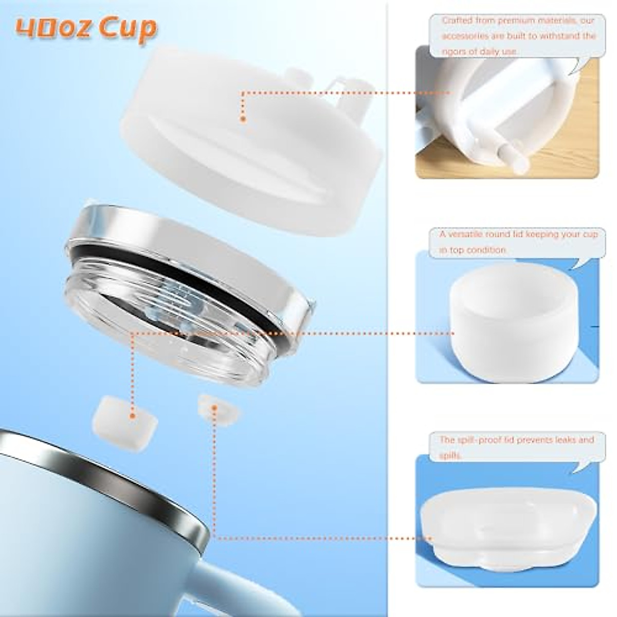 BOSOIRSOU 8 pcs Silicone Spill Proof Stopper Accessories, Leakproof Seal Cup Kit for 40oz Tumbler, Including 2 Dust Cup Lids, 2 Anti-Slip Cup Covers, 2 Round Cover Plugs, 2 Square Anti-Spill Plug