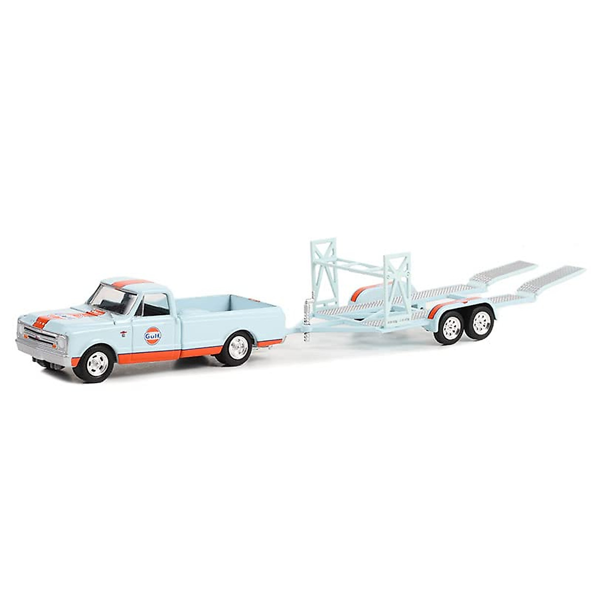 Greenlight 32270-A Hitch & Tow Series 27 - 1968 Chevy C-10 Shortbed Gulf Oil and Gulf Oil Tandem Car Trailer 1/64 Scale