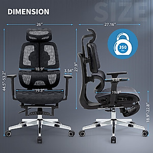 Ergonomic Dual Backrest Office Chair with Footrest- High Back Mesh Desk Computer Chair with Adjustable Seat Depth and Adaptive Lumbar Support, 4D Arms Metal Base Multifunctional Executive Swivel Chair