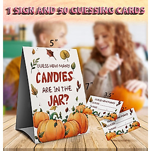 Pumpkin theme Party Games - Guess How Many Candies are in the Jar(Maple leaf), Baby Shower Game, Bridal Shower Games, Autumn Activities - 1 Sign and 50 Guessing Cards(18A)