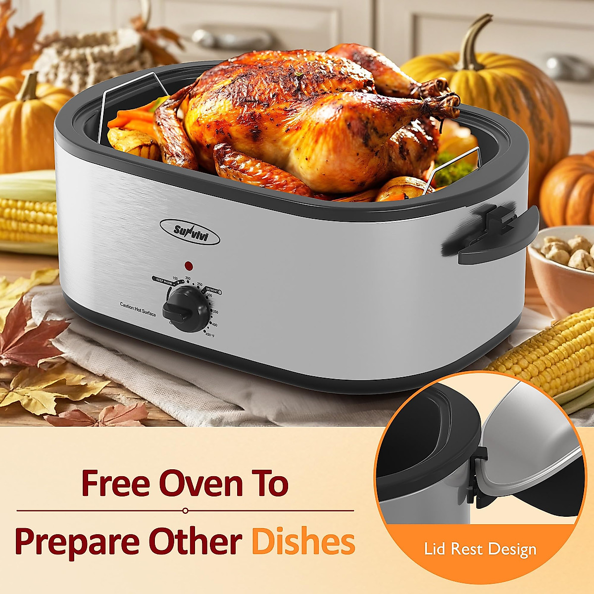Sunvivi Electric Roaster Oven with Visible Self-Basting Lid, 24 Quart Turkey Roaster Oven with Removable Pan and Rack,Stainless Steel,Silver