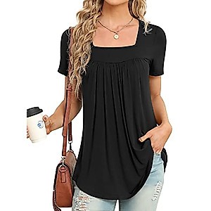 Xpenyo Elegant Square Neck Tunic Tops for Women Short Sleeve Tshirts and Blouses Black L