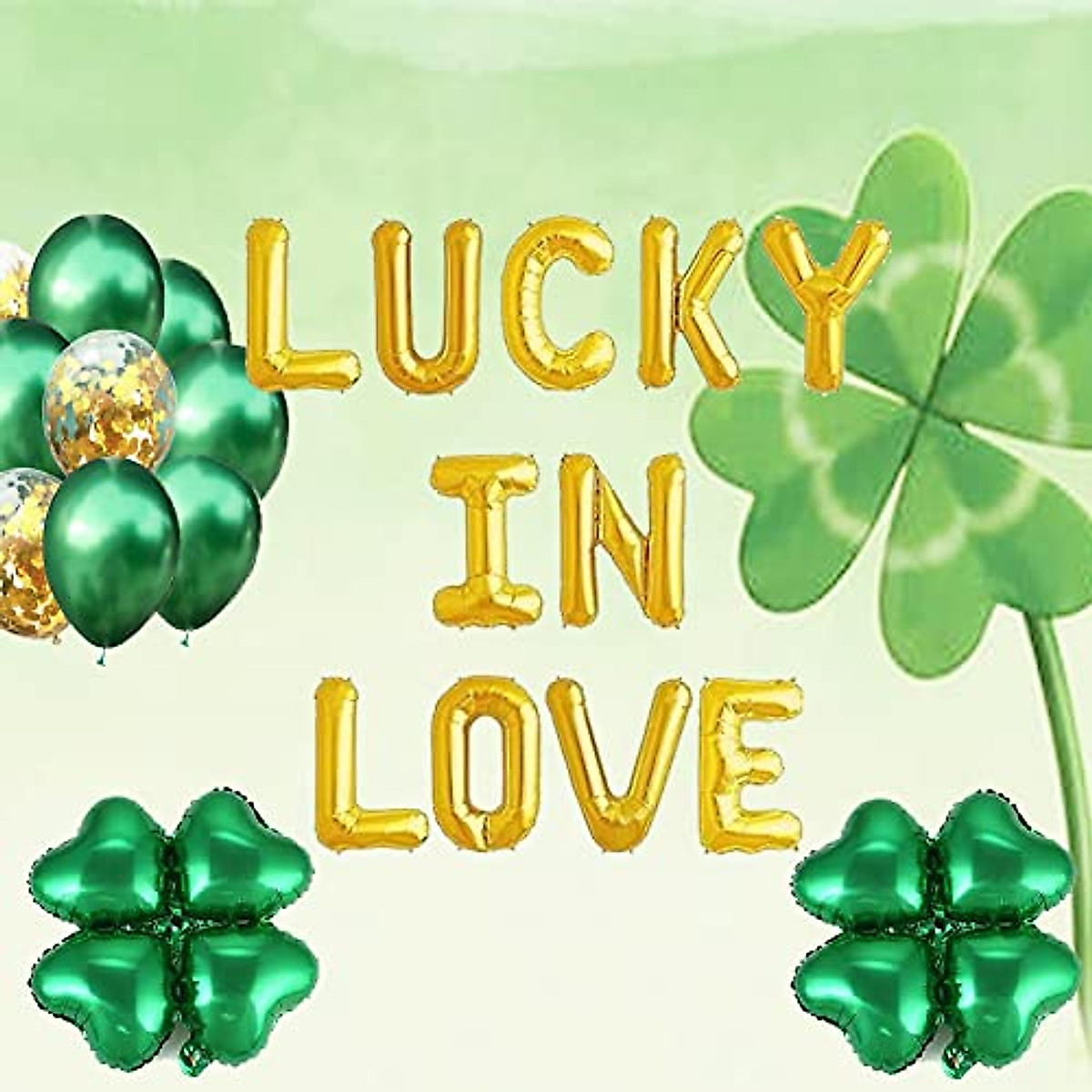 Geloar St. Patrick's Day Lucky in Love Decorations Saint Paddy's Day Theme Irish Four Leaf Clover Shamrock Foil Balloons Baby Shower March Birthday Bridal Shower Bachelorette Wedding Party Supplies