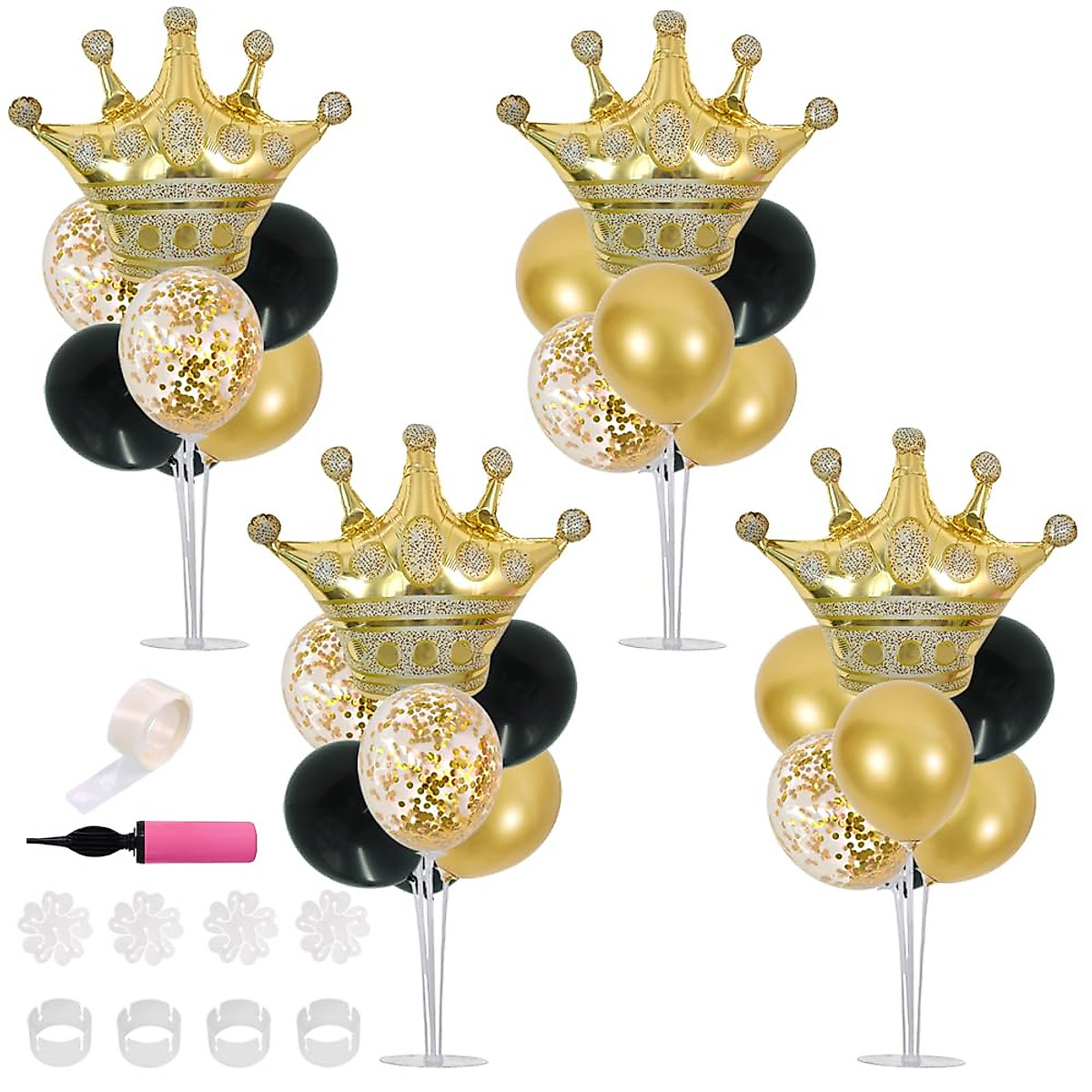 TONIFUL Table Centerpiece Balloons Stand Kit Include Black Gold Latex Confetti Balloons and Foil Crown Balloon for Birthday 2024 Graduation Anniversary Halloween New Year's Eve Party Decoration
