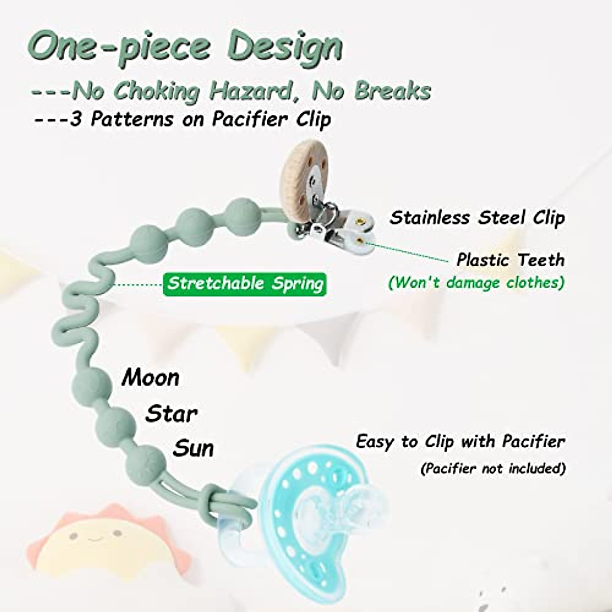 Silicone Pacifier Clip with Adjustable Spring, 4 Pack Extra Long Pacifier Holder Clips for Baby Boys and Girls, Seposeve Soft Flexible Pacifier Leashes with 3 Textures, 2 Green + 2 White