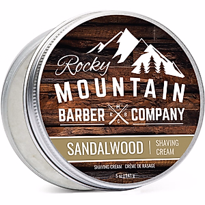 Shaving Cream for Men with Sandalwood Essential Oil - Thick Lather for Traditional and Cartridge Shaving - by Rocky Mountain Barber Company – 5oz Tin