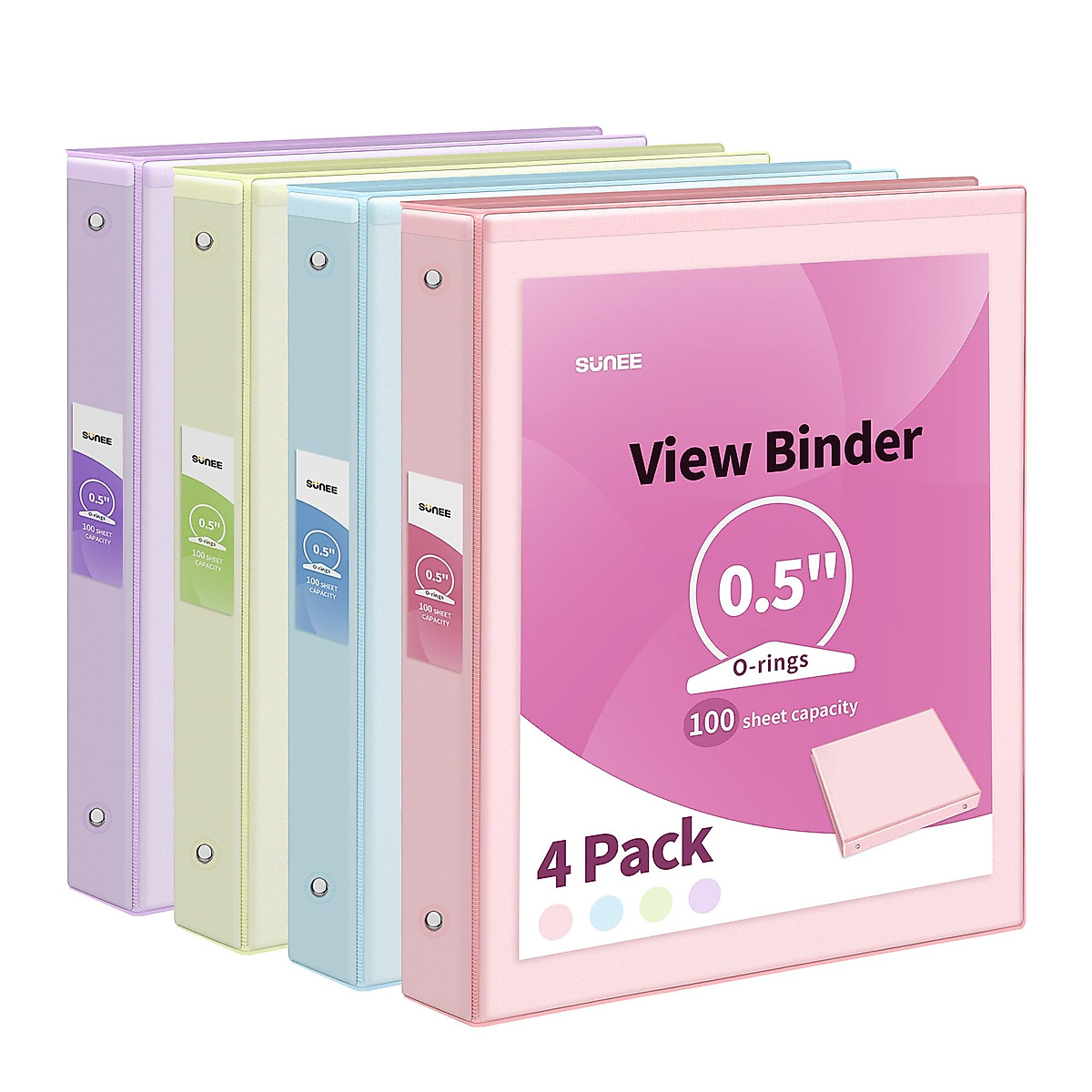 SUNEE 1/2 Inch Binders 3 Ring 4 Pack, Clear View Binder Three Ring PVC-Free (Fit 8.5x11 Inches) for School or Office Supplies, Assorted Pastel Binder