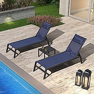 PURPLE LEAF Outdoor Lounge Chair Set Aluminum Patio Chaise Lounger with Side Table and Pillow for Outside Pool Beach Sunbathing Tanning Recliner Navy Blue
