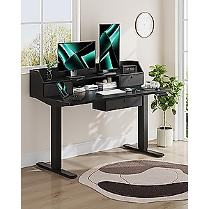 Shahoo Electric Double Layers Standing Desk with 3 Drawers, 48 x 24 Inches Height Adjustable Conner Table, Computer Workstation with Large Storage Shelves for Home Office, 48 Inch, Black