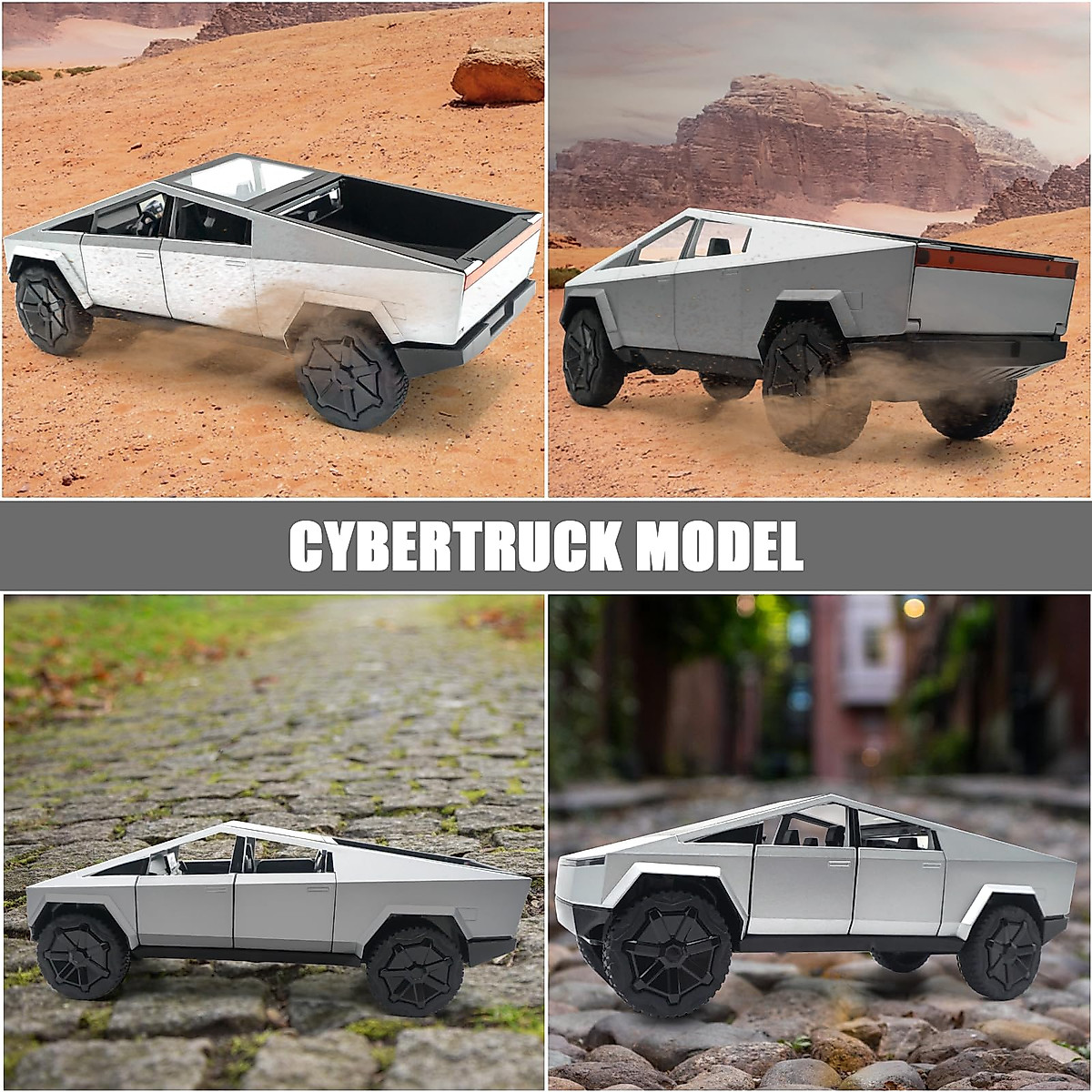 Cybertruck Model: 1/32 Diecast Metal Toy Trucks with Lights and Sounds, Mini Vehicles Toys for Boys, Ages 3 and Up (Silver)