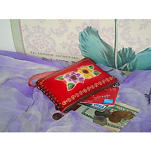 Leather Change Purse,rectangle shape,Hawaii Flower and butterfly Embossed, Handmade wallet,Wristlet and Zipper