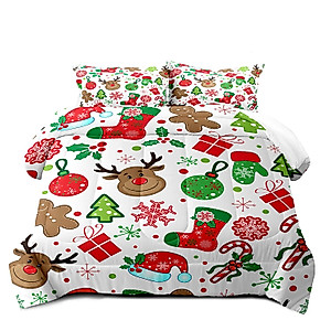 LUVIVIHOME 3PCS Christmas Comforter Set Queen Size, Boys Girls Kids Bedding, Cute Reindeer Snowflake Gingerbread Candy Cane Snowflake Holiday Christmas Bedding, Green Red White Quilt, 2 Pillow Shams