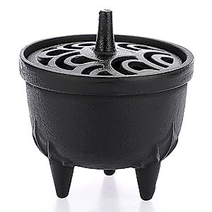 JUXYES Vintage Tripod Incense Burner Holder with Lid, Cast Iron Incense Holder Metal Cauldron Censer Antique Cone Coil Incense Burner Holder for Incense Resins, Cones or Wax Melts