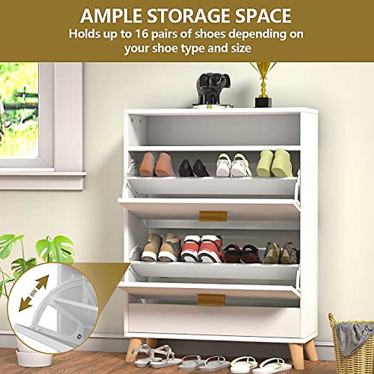 Gyfimoie Shoe Storage Cabinets, Free Standing Shoe Organizer with 2 Flip Drawers for Entryway, Narrow 3 Tier Entryway Hidden Shoe Rack with Doors (Off White)