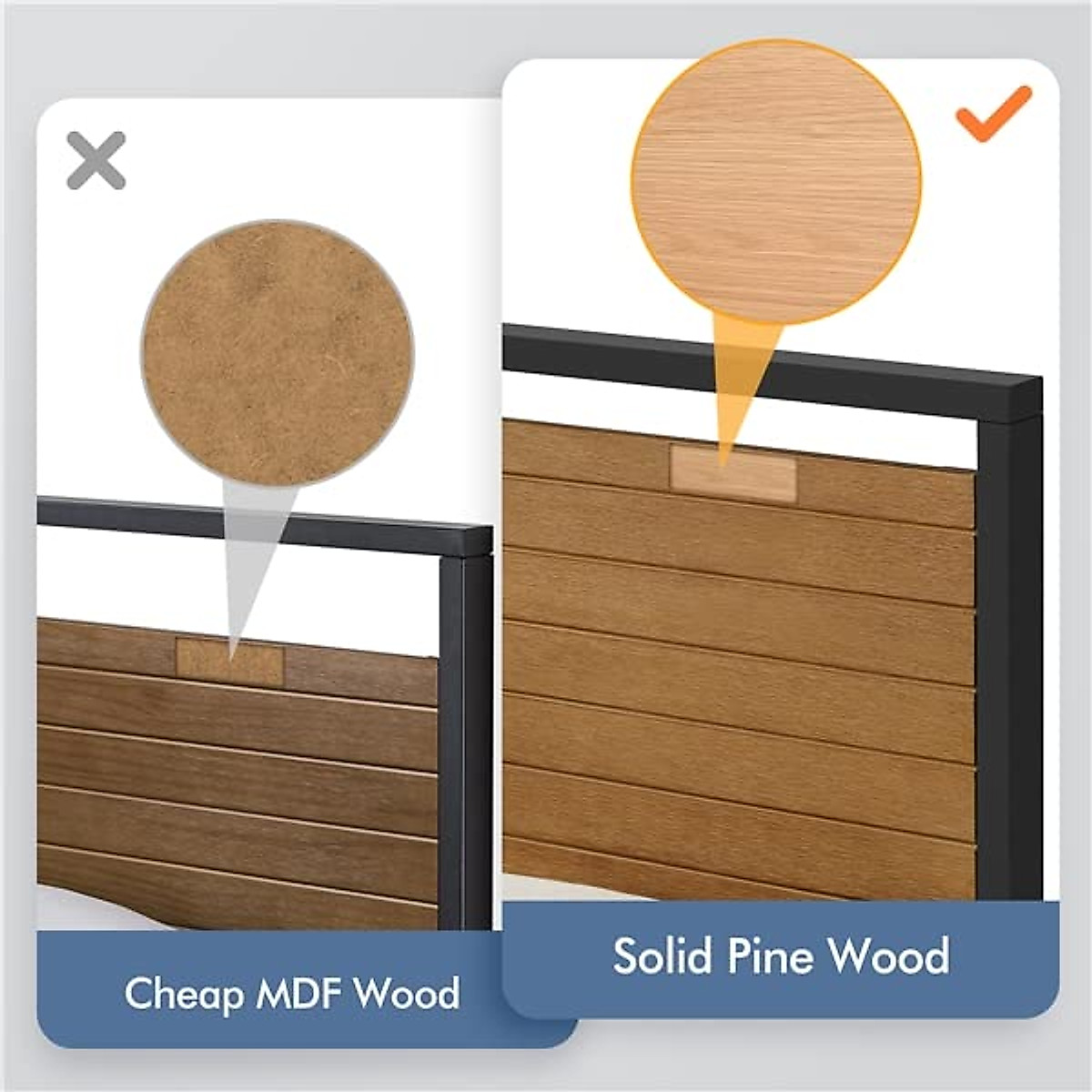 Yaheetech 37 Inch Solid Pine Wood Platform Bed Frame with Headboard Solid Wood & Steel Construction No Box Spring Needed Wood Slat Support Easy Assembly Chestnut Brown Queen