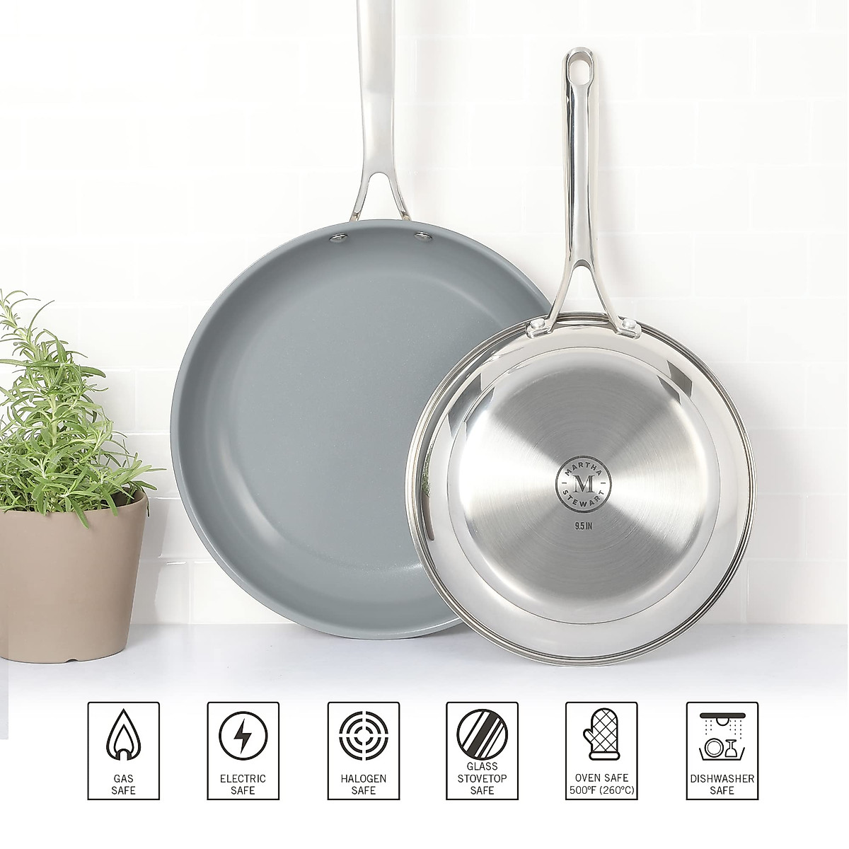 Martha Stewart Delaroux Stainless Steel 9.5" & 12" PFAs Free Premium Ceramic Nonstick Fry Pan Set