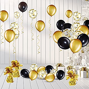 56 Pcs Balloon and Balloon Weights, 50 Pieces Balloons Decorative Birthday Confetti Balloons 6 Pieces Balloon Weights Pack Holder Balloons Party Wedding Birthday Decors(Black, Gold Series)