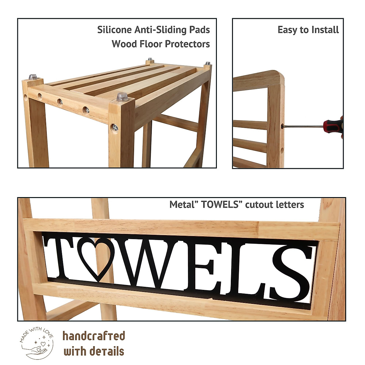 2 Tier Towel Rack for Bathroom - Besuerte Freestanding Towel Rack for Bathroom, Wooden Bath Towel Rack, Blanket Rack Stand for Living Room, 31.5" H Towel Drying Rack Holder with Black Towels Letters